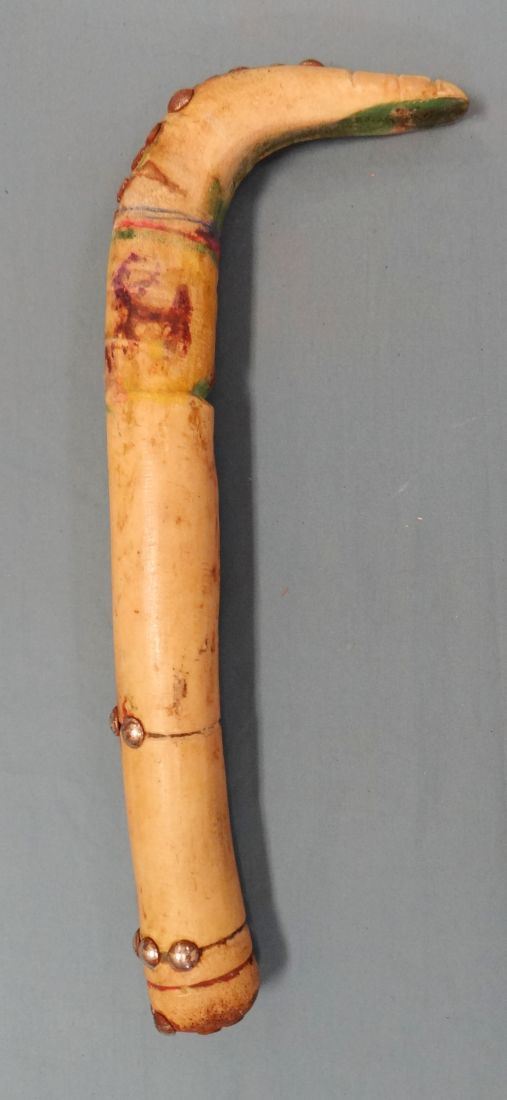 Plains Indian bone hide scraper, painted, 14", shows nice patina and tacks