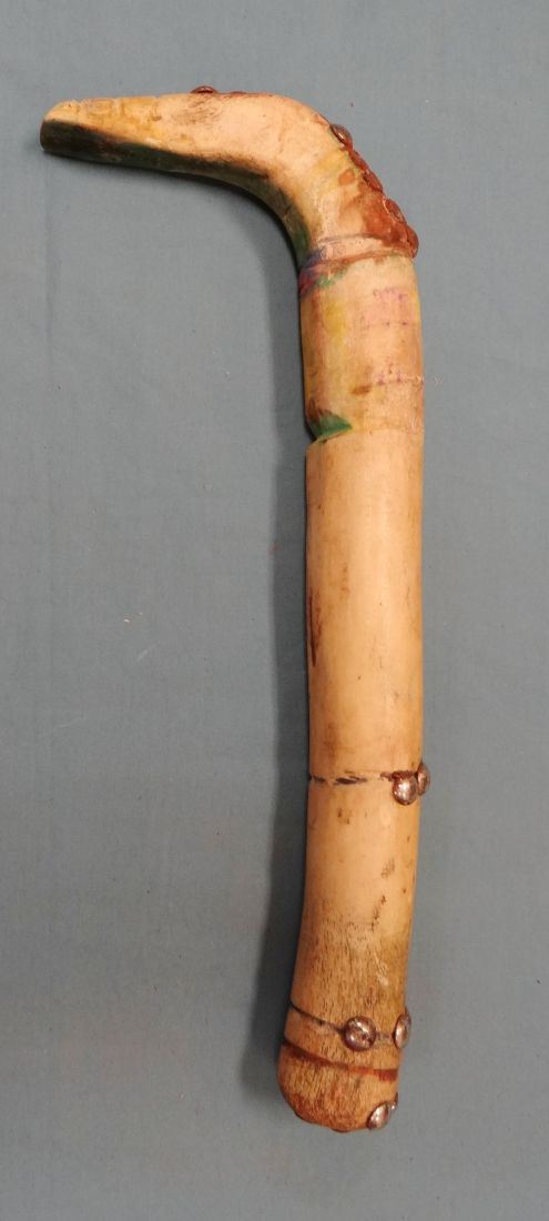 Plains Indian bone hide scraper, painted, 14", shows nice patina and tacks