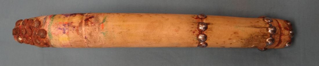Plains Indian bone hide scraper, painted, 14", shows nice patina and tacks