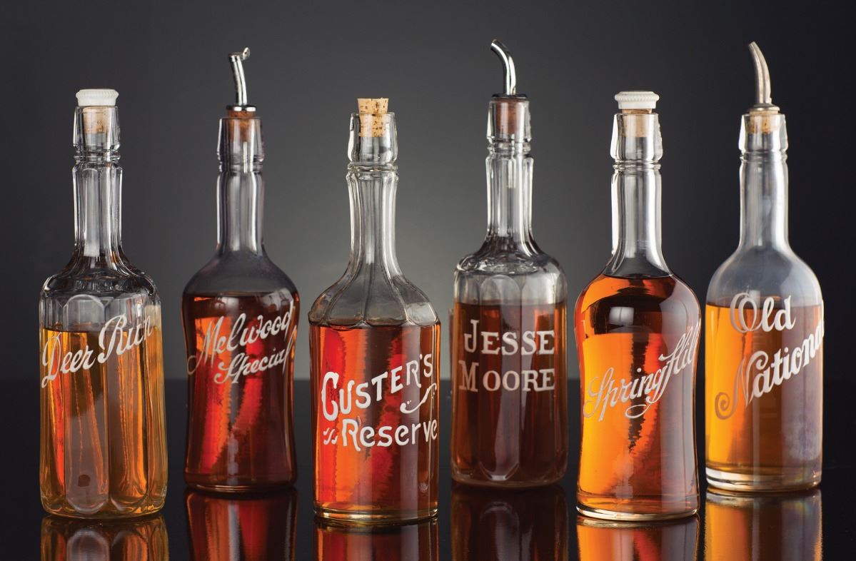 Six Enamel Saloon Back Bar Bottles