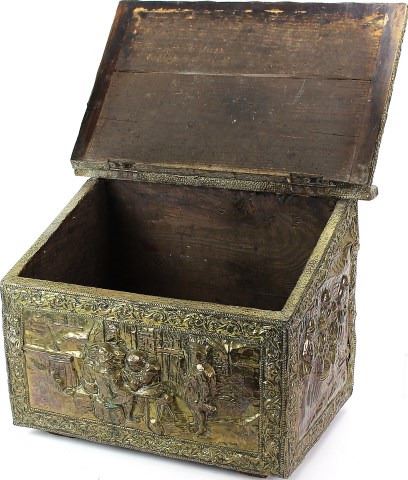 Antique fireplace box, clad in high relief brass