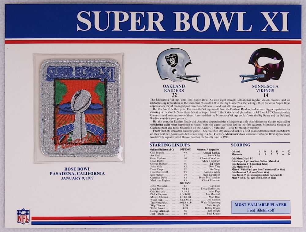 Super Bowl XI Patch With 12x9 Scorecard: Raiders vs. Vikings