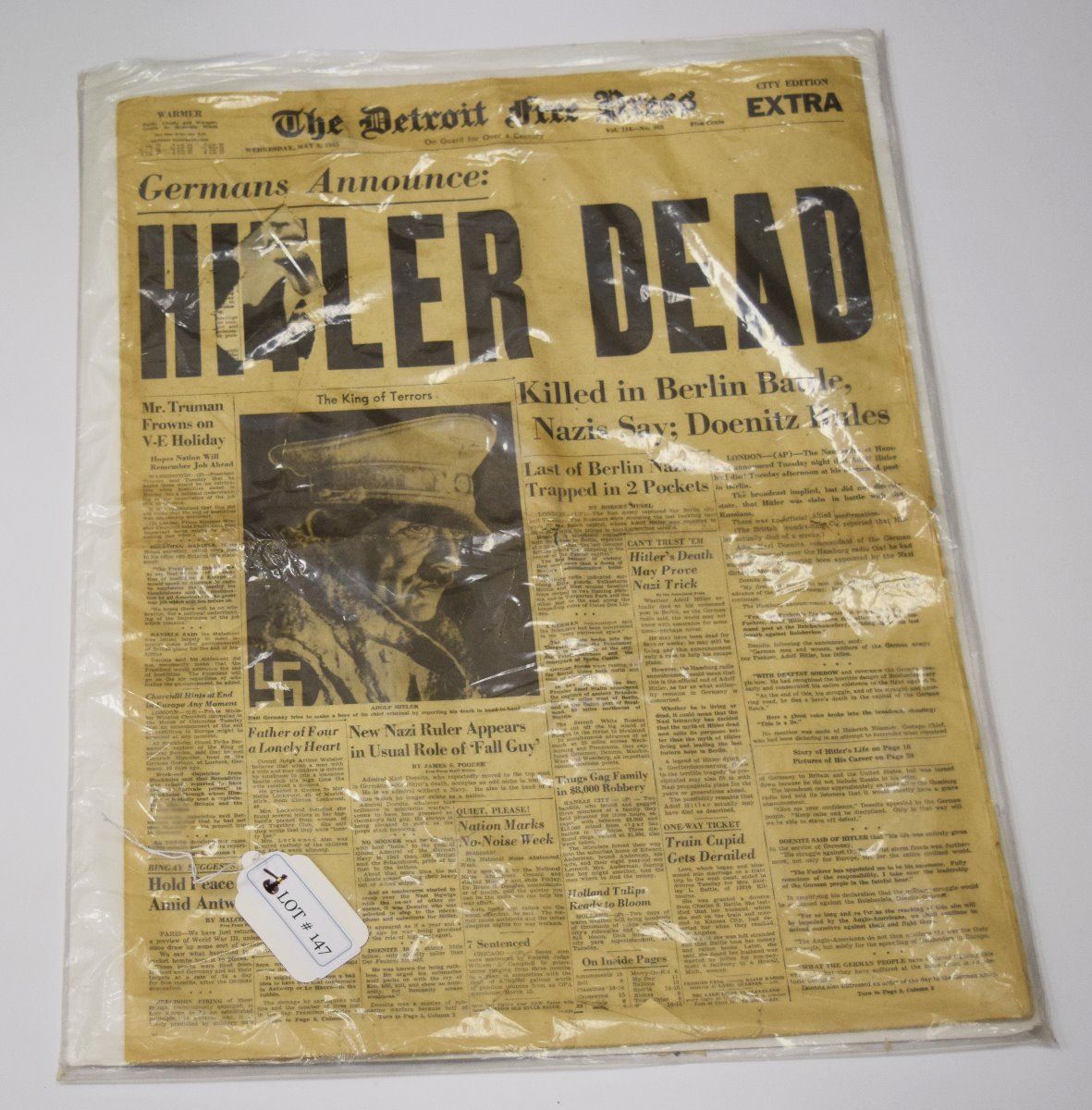 Hitler Dead Detroit Free Press WWII Newspaper '45