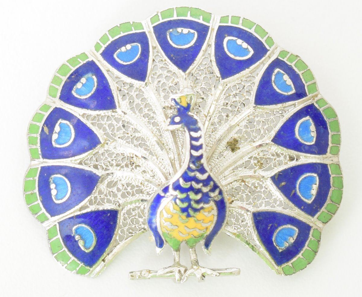 Van Lou Germany Sterling Enamel Peacock Pin