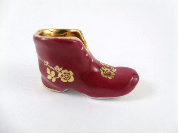 Vintage Limoges Miniature Shoe, Red and Gold, France, R