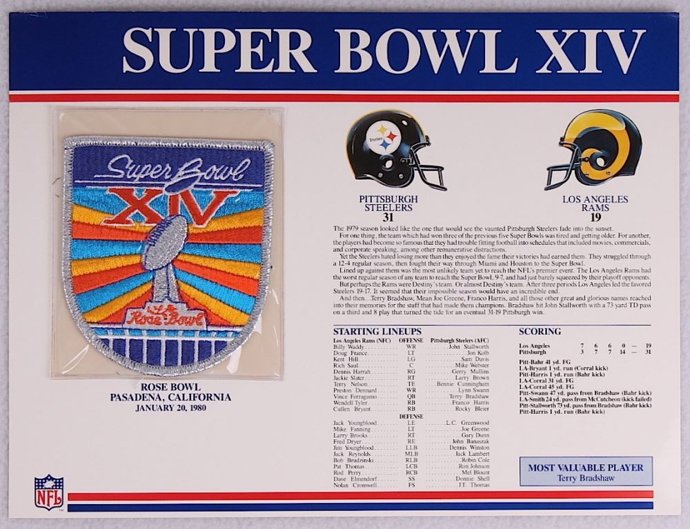 Super Bowl XIV Patch With 12x9 Scorecard: Steelers vs. Rams