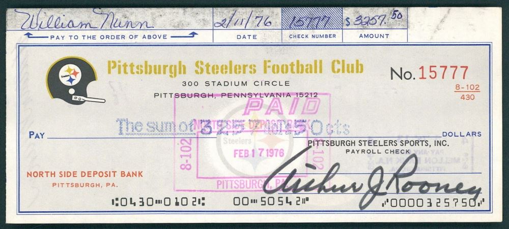 Art Rooney Signed Vintage Steelers Logo 1976 Personal Bank Check (JSA COA)