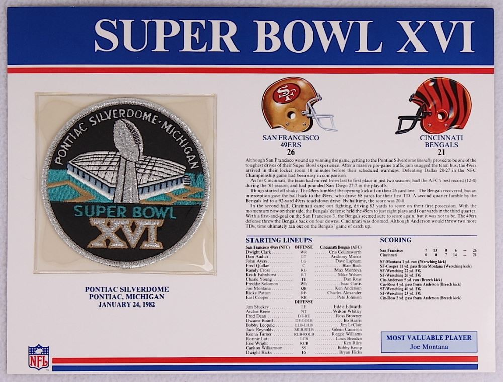 Super Bowl XVI Patch With 12x9 Scorecard: 49ers vs. Bengals