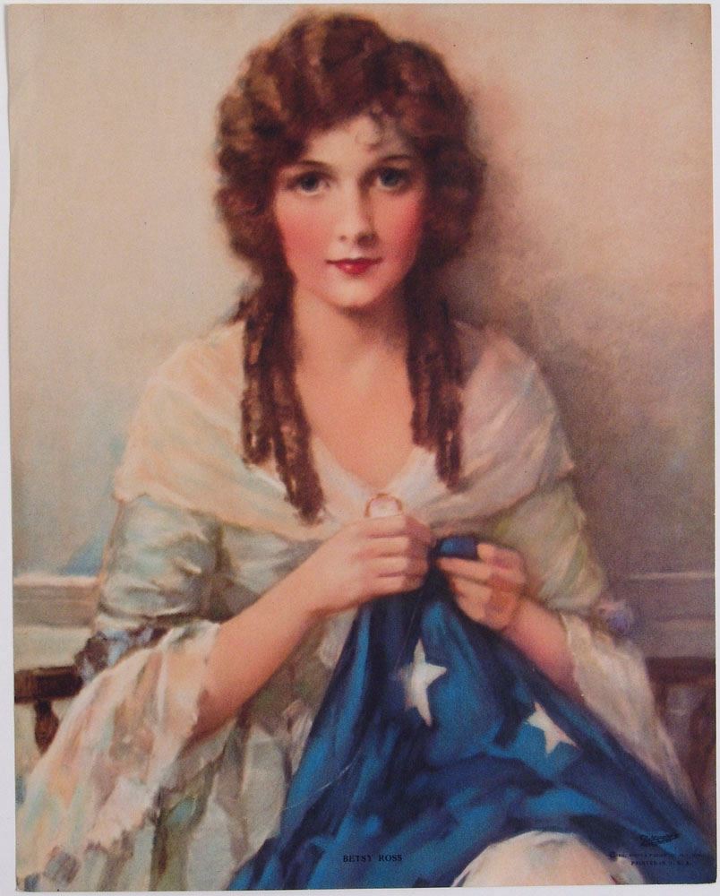 Vintage 1930 Print J K HARE Betsy Ross w/ American Flag