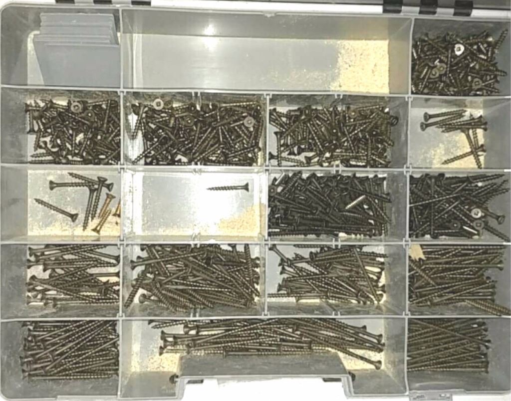Plastic storage container of assorted wood screws