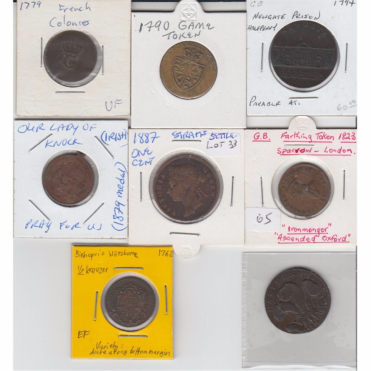 Estate Lot of 8 Tokens: 1794 Newgate Prison Halfpenny, 1790 Game Token ...