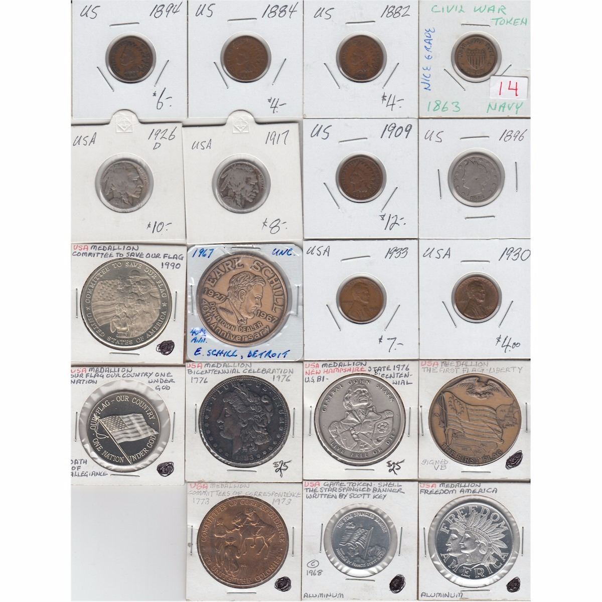 Lot of 19 U.S.: 1863 Civil War Token, coins 1882, 1884, 1894, 1896 ...