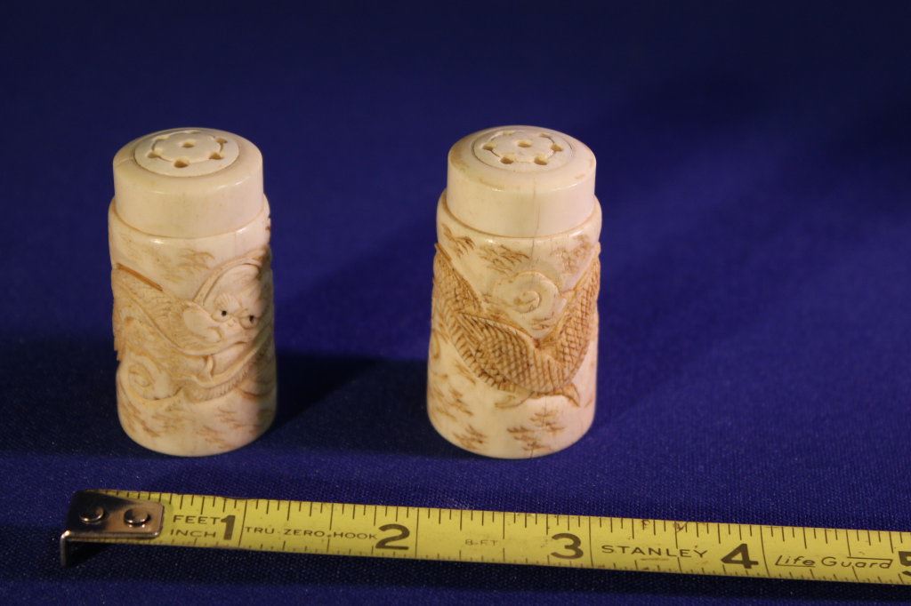 Pair Carved Ivory Salt and Pepper or Spice Shakers w/ Removable Lids