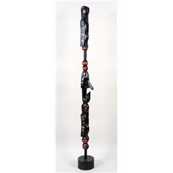 Coast Salish Talking Stick Carved with Raven, Orca, Raven and Five Clam ...