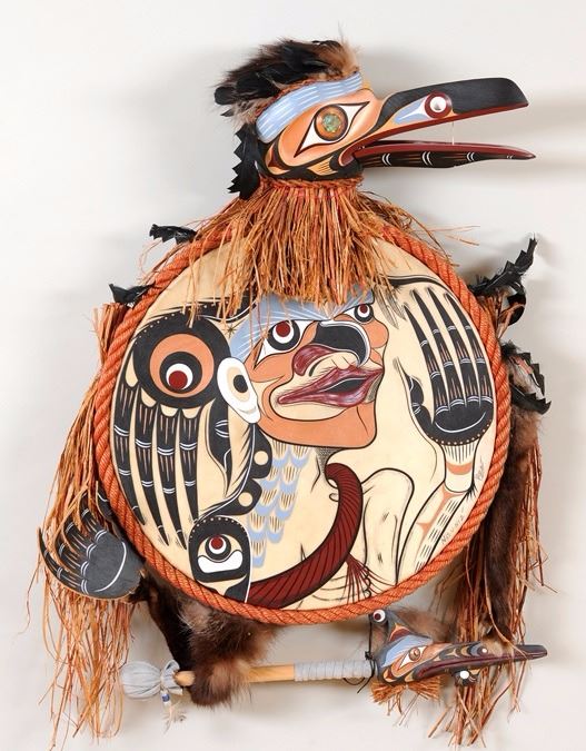 Kwagiulth Drum with Articulated Raven Head Carved by George Hunt Jr. 26 ...