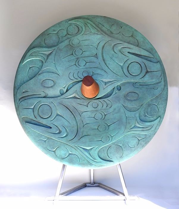 Susan Point Spindle Whorl with Swimming Salmon Motif on Stand, Rotates ...