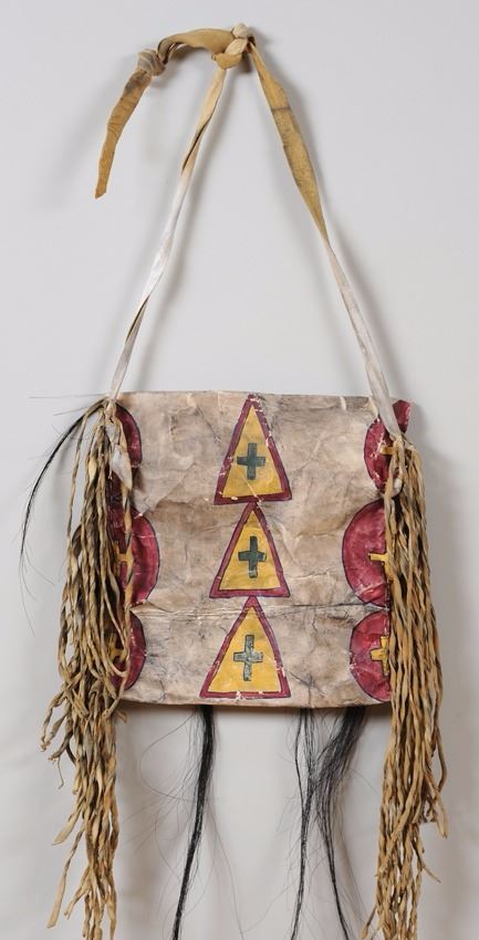 Plains Painted Parfleche Bag with Fringe 10"x 11" Fair Condition