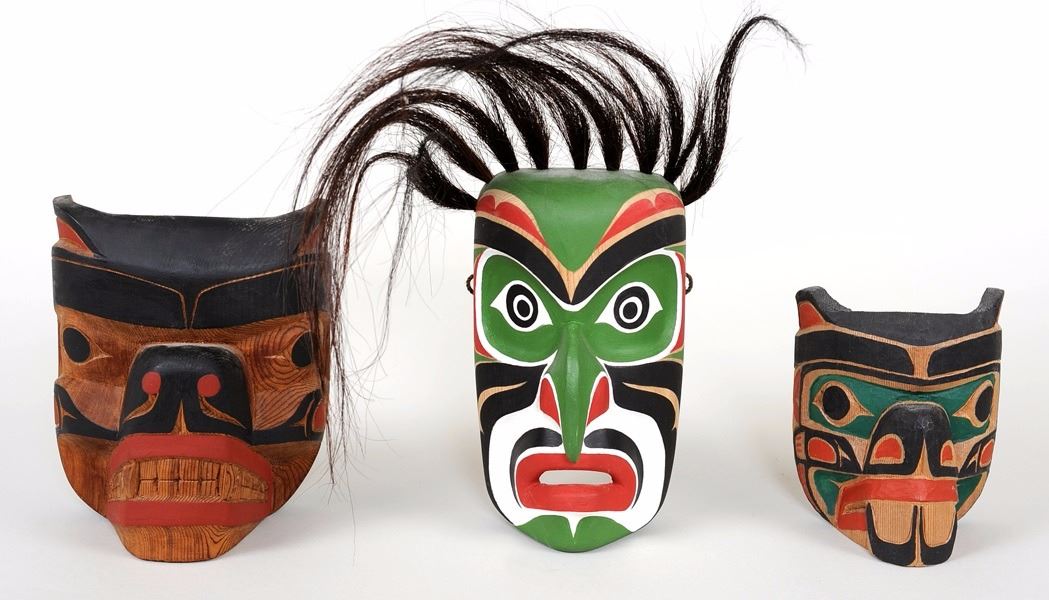 Three Kwagiulth Masks; Bukwus by Rupert Scow 6" H. 3 1/2" W., Bear Mask ...