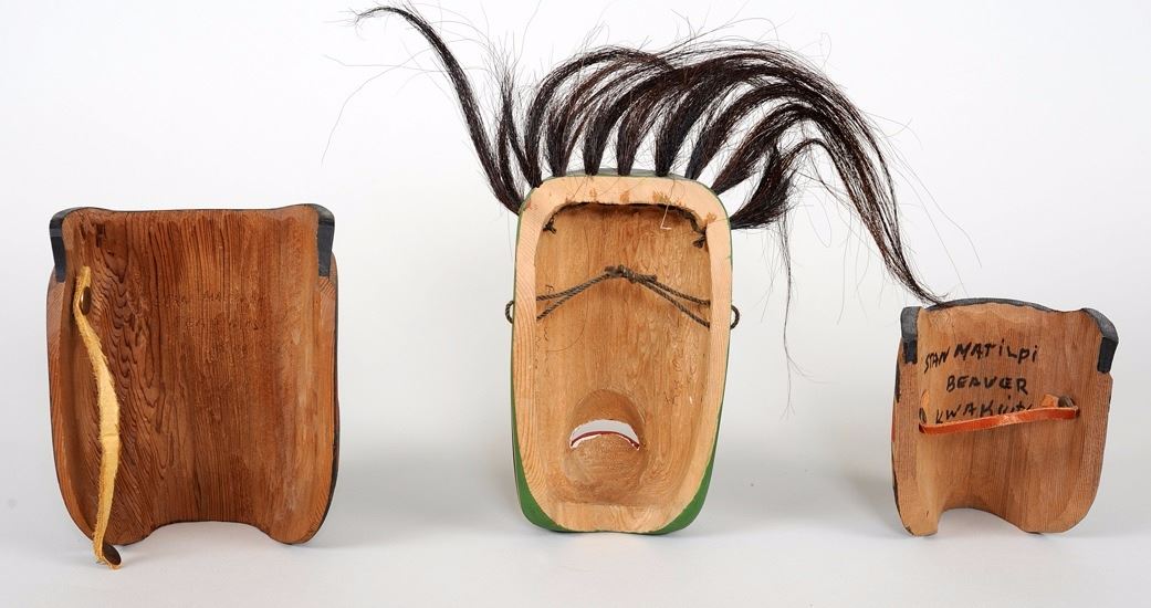 Three Kwagiulth Masks; Bukwus by Rupert Scow 6" H. 3 1/2" W., Bear Mask ...