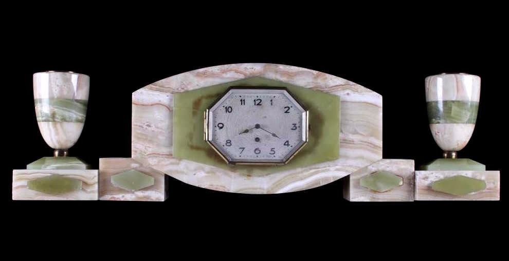 Art Deco Marble & Jade Clock Set 1890-1920
