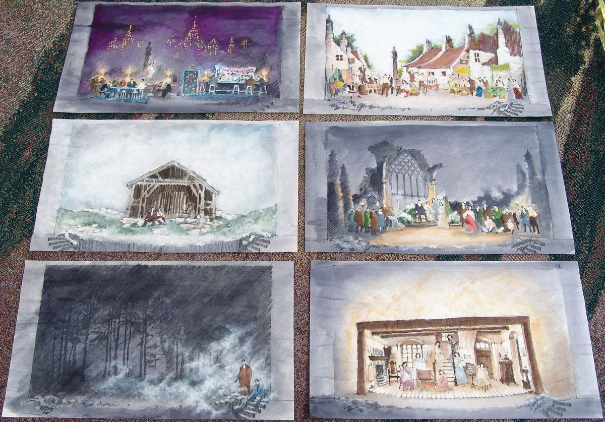 6 Vintage Original Theatre Set Paintings BRIGADOON