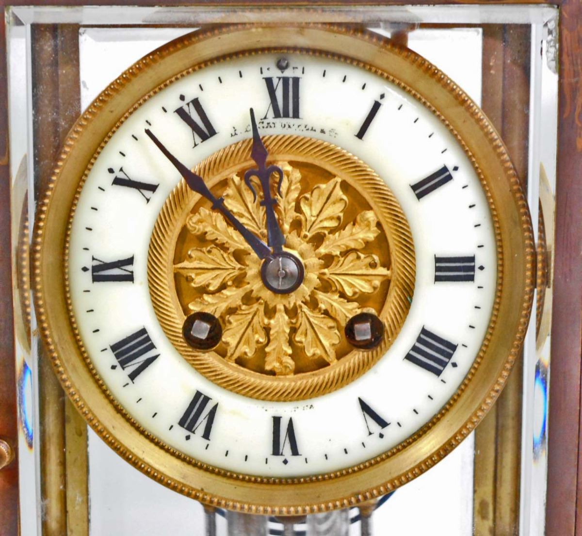 ANTIQUE FRENCH BEVELED GLASS & BRASS MANTLE CLOCK W/ MERCURY PENDULUM