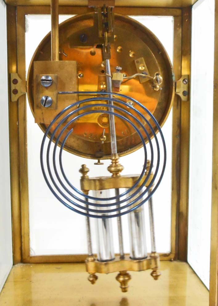 ANTIQUE FRENCH BEVELED GLASS & BRASS MANTLE CLOCK W/ MERCURY PENDULUM