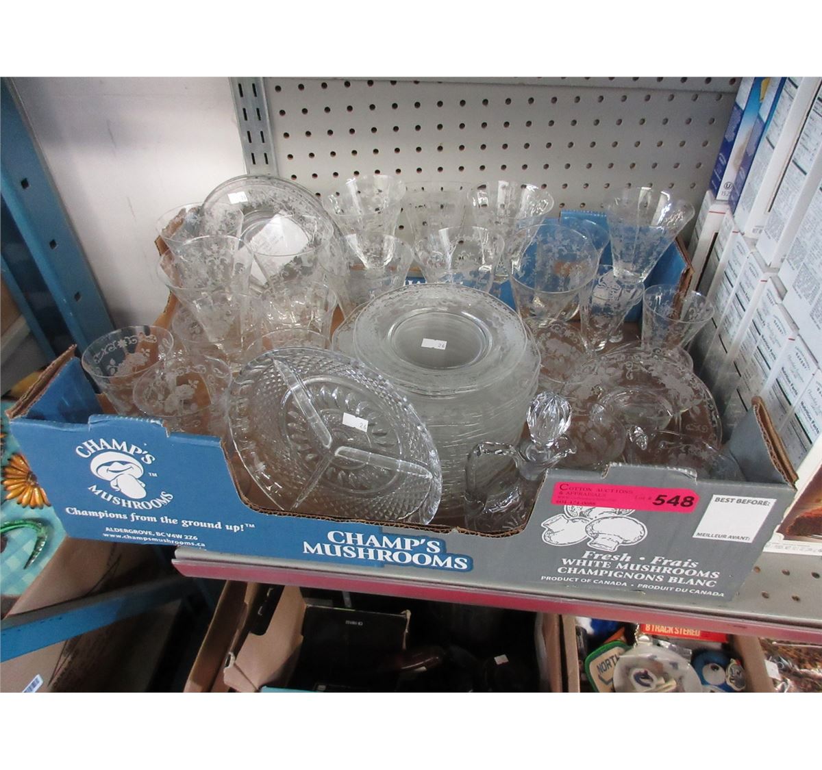 Large box of vintage pattern clear glass ware