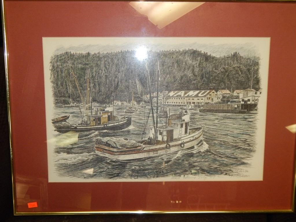 FRAMED SIGNED ORIGINAL - MA DEAN, 1986 - HAND COLORED 1987 - TUG BOATS