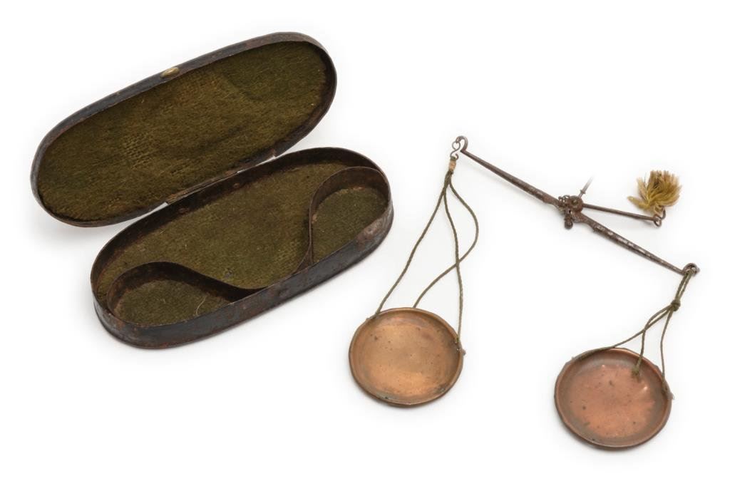 Early metal pocket mining scale with iron cross beam, copper pans and all
