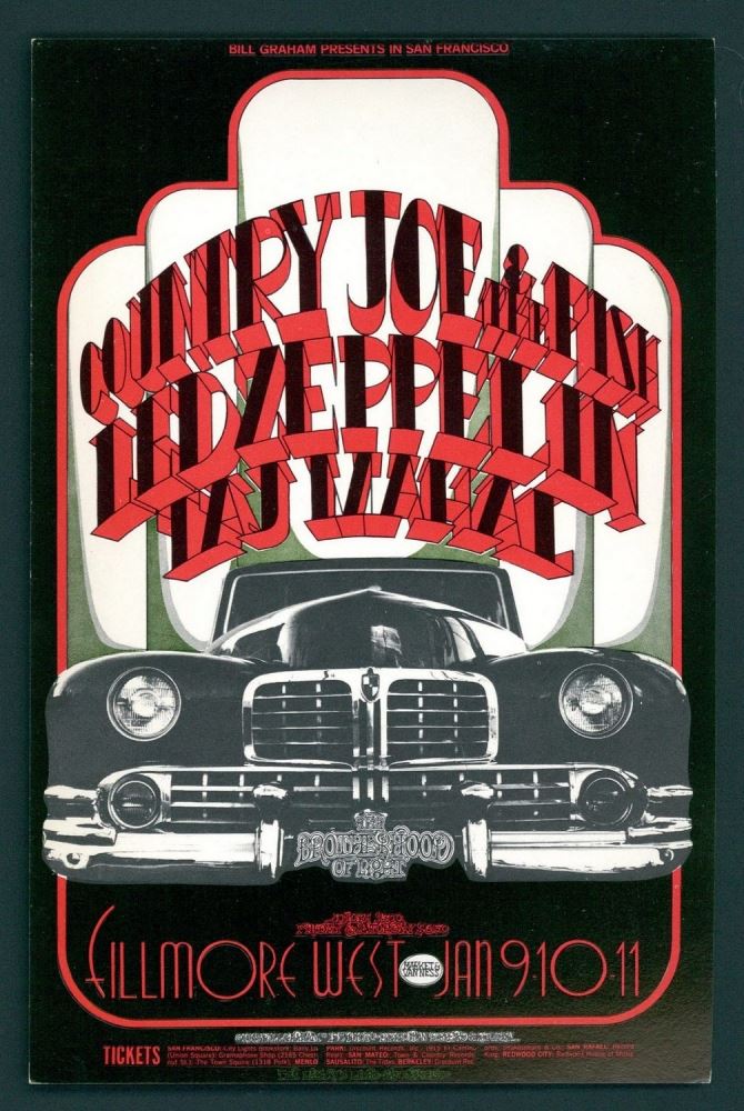 Led Zeppelin, Country Joe & The Fish, & Taj Mahal Original 1969 Postcard