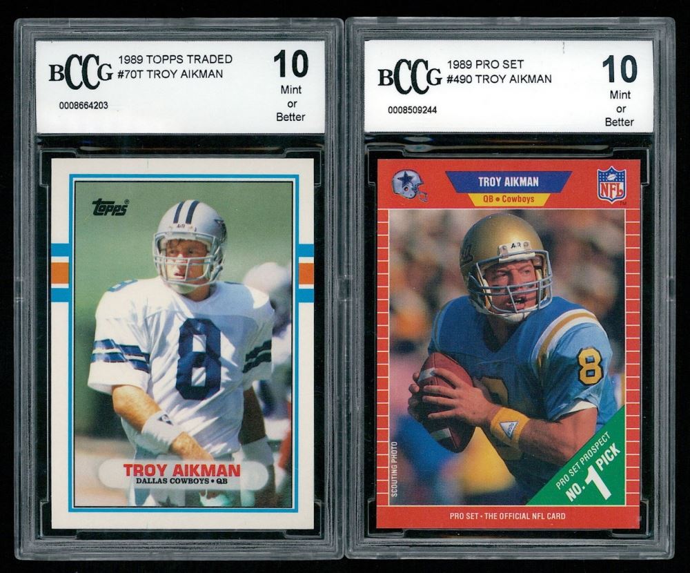 Lot of (2) Troy Aikman BCCG Graded 10 Football Cards with 1989 Topps Traded #70T & 1989 Pro Set #490