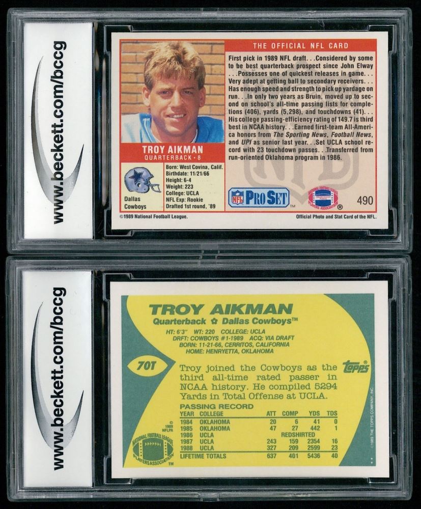 Lot of (2) Troy Aikman BCCG Graded 10 Football Cards with 1989 Topps Traded #70T & 1989 Pro Set #490