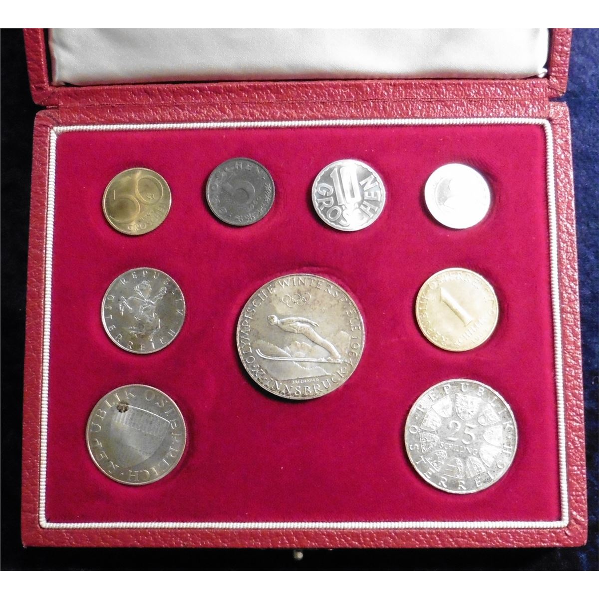 1964 Austria Proof Set in original red, felt-lined box of issue. (9 pcs ...