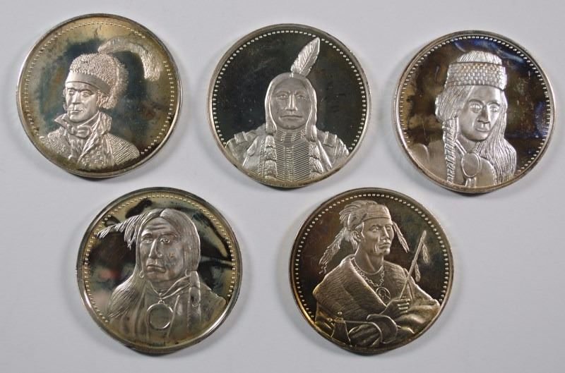 5- ONE OZ STERLING SILVER ROUNDS DEPICTING FAMOUS NATIVE AMERICAN INDIANS