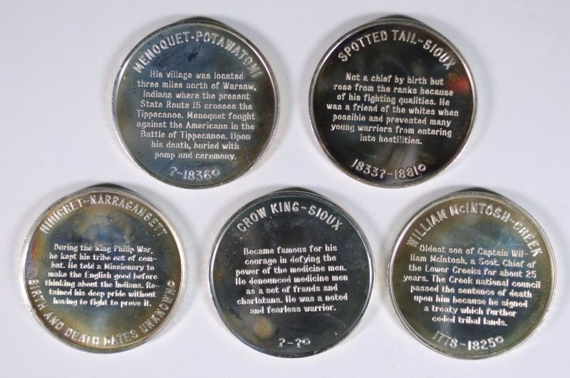 5- ONE OZ STERLING SILVER ROUNDS DEPICTING FAMOUS NATIVE AMERICAN INDIANS