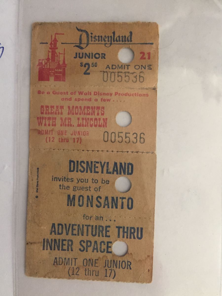 RARE DISNEYLAND JUNIOR MAIN GATE TICKET INCLUDED MONSANTO INNER SPACE