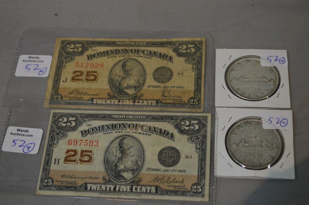 Two Canadian silver dollars, 1935 and 1953 plus two 1923 Dominion of ...