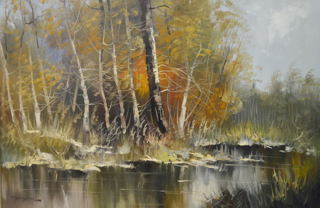 Framed acrylic on canvas painting of an Autumn wooded lake scene signed ...