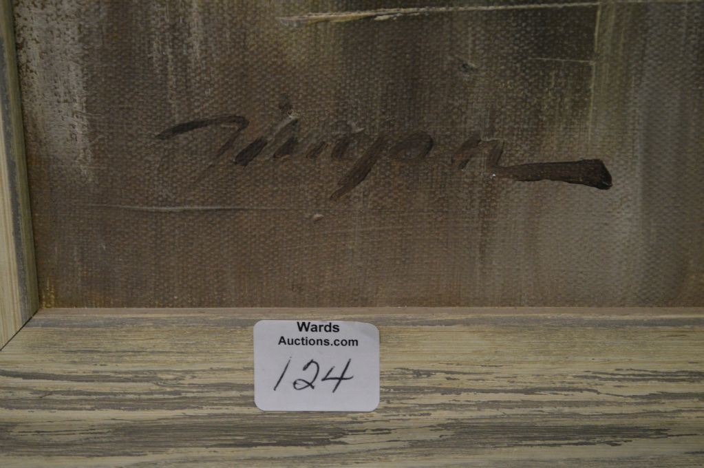 Framed acrylic on canvas painting of an Autumn wooded lake scene signed ...