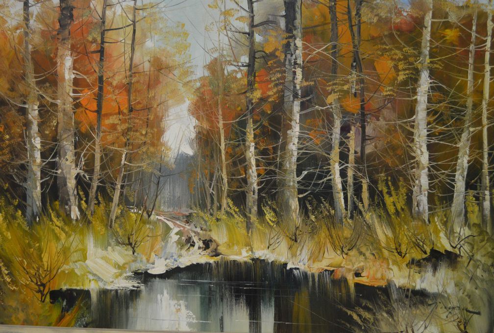 Framed acrylic on canvas painting of an Autumn wooded lake scene signed ...