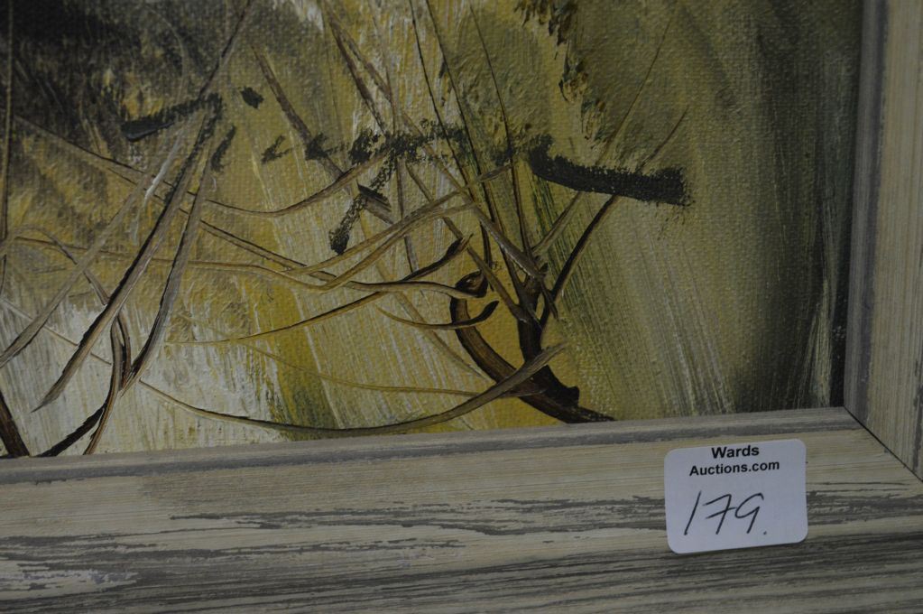 Framed acrylic on canvas painting of an Autumn wooded lake scene signed ...