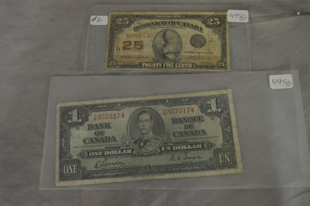 A 1937 Bank of Canada one dollar bill and a 1923 Dominion of Canada ...