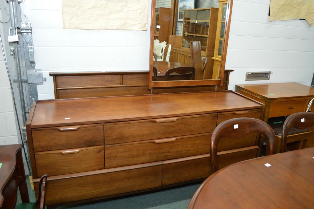 Walnut mid century modern eight drawer mirrored dresser and headboard ...