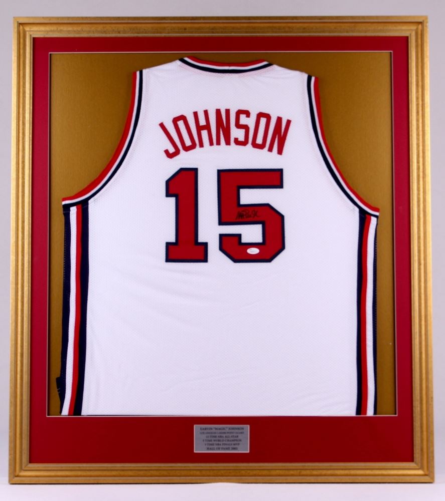 Magic Johnson Signed Team USA "Dream Team" 35x39 Custom Framed Jersey Display (JSA COA)