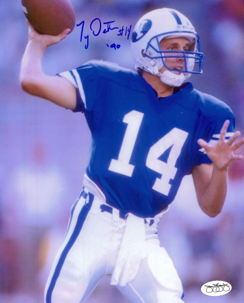 Ty Detmer Signed BYU 8x10 Photo Inscribed "'90" (JSA SOA)