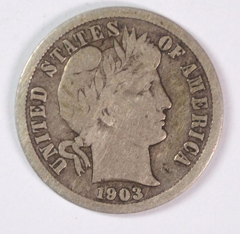 1903-S BARBER DIME, ABOUT FINE