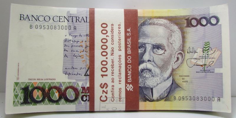 100 Consecutive Brazil Central Bank 1000 Cruzados Bank Notes (Brick ...
