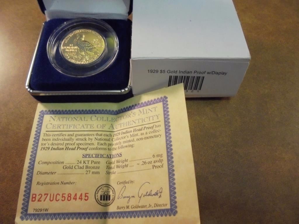 COPY 1929 $5 INDIAN HEAD PROOF 24KT GOLD CLAD BRONZE IN CASE