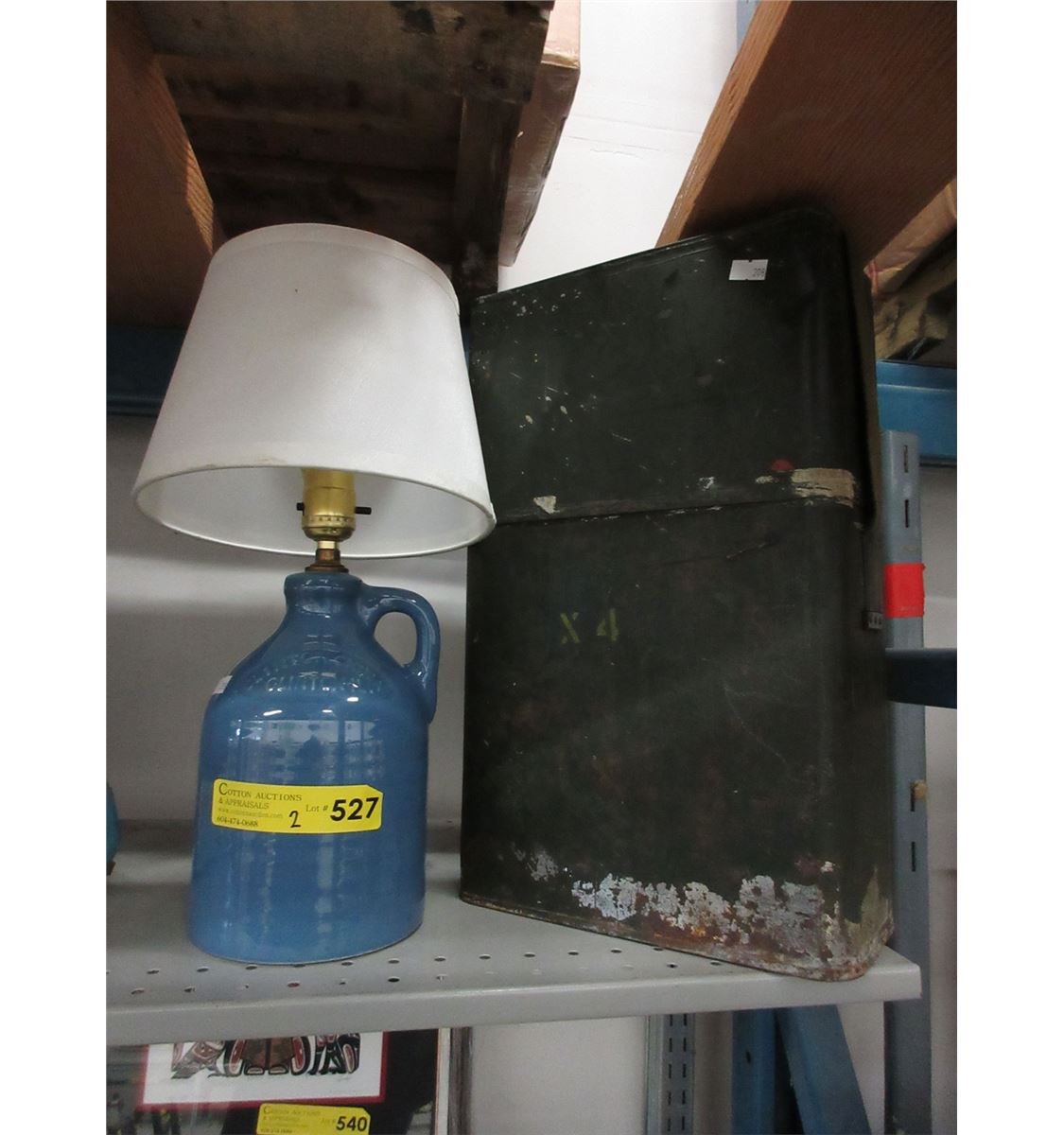Ceramic jug lamp & military tin